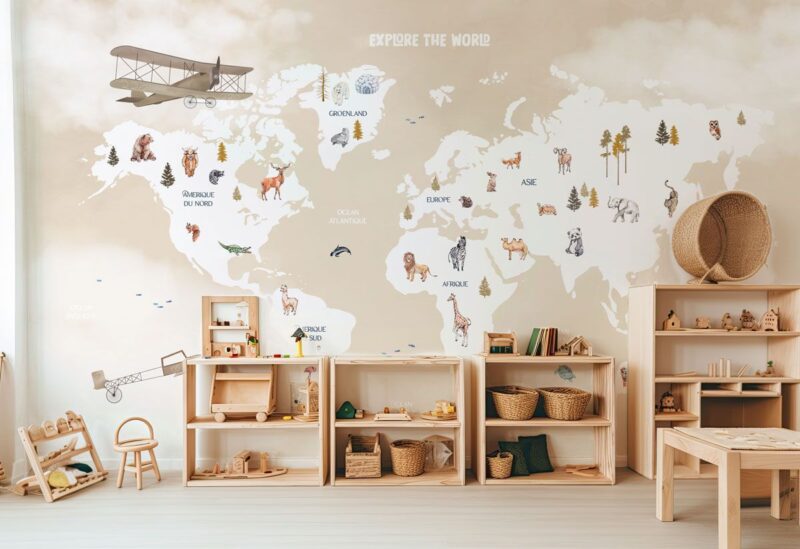 Beige Cloud World Map Wallpaper - Babywall