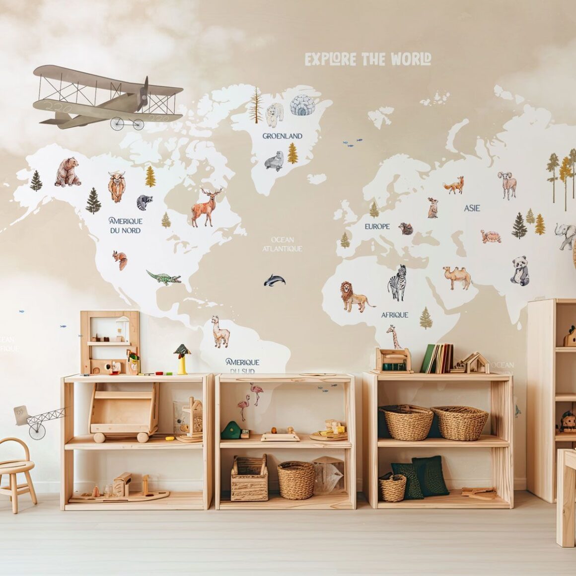 Beige Cloud World Map Wallpaper - Babywall